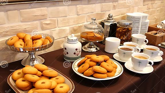 A Buffet Table with Assorted Coffee Biscuits and a Selection of Teas and Coffees Stock ...