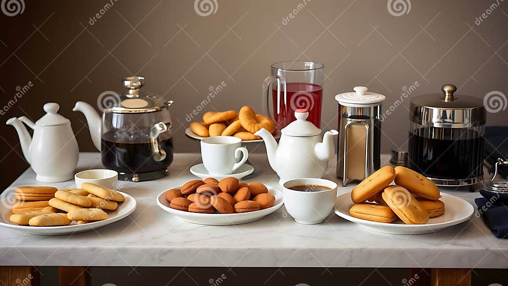 A Buffet Table with Assorted Coffee Biscuits and a Selection of Teas and Coffees Stock ...