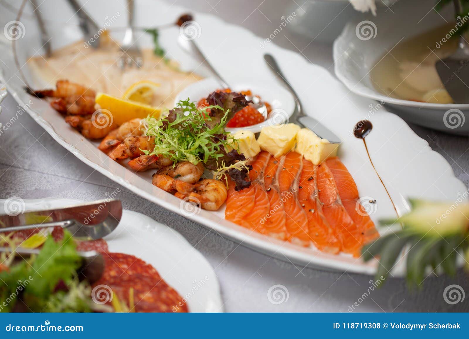 Buffet Table of Reception with Cold Snacks, Shrimp, Fish, Caviar Stock ...