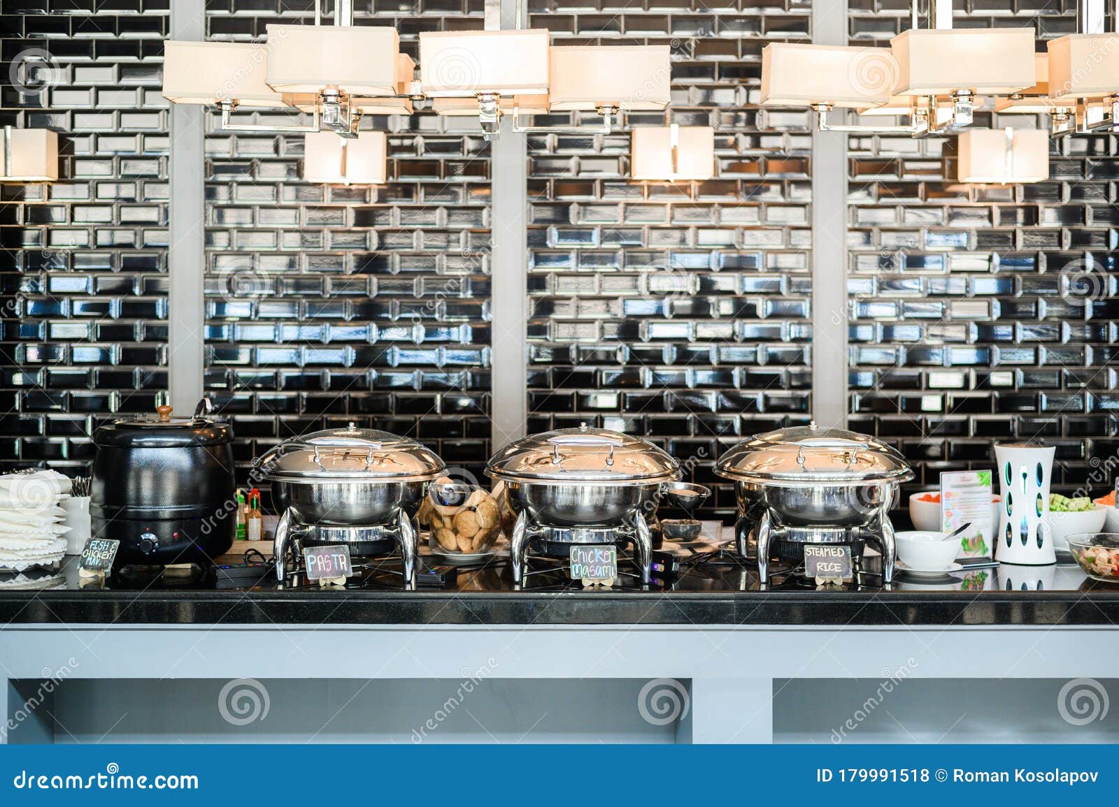 Buffet Table with Row of Food Service Steam Pans Stock Photo - Image of ...