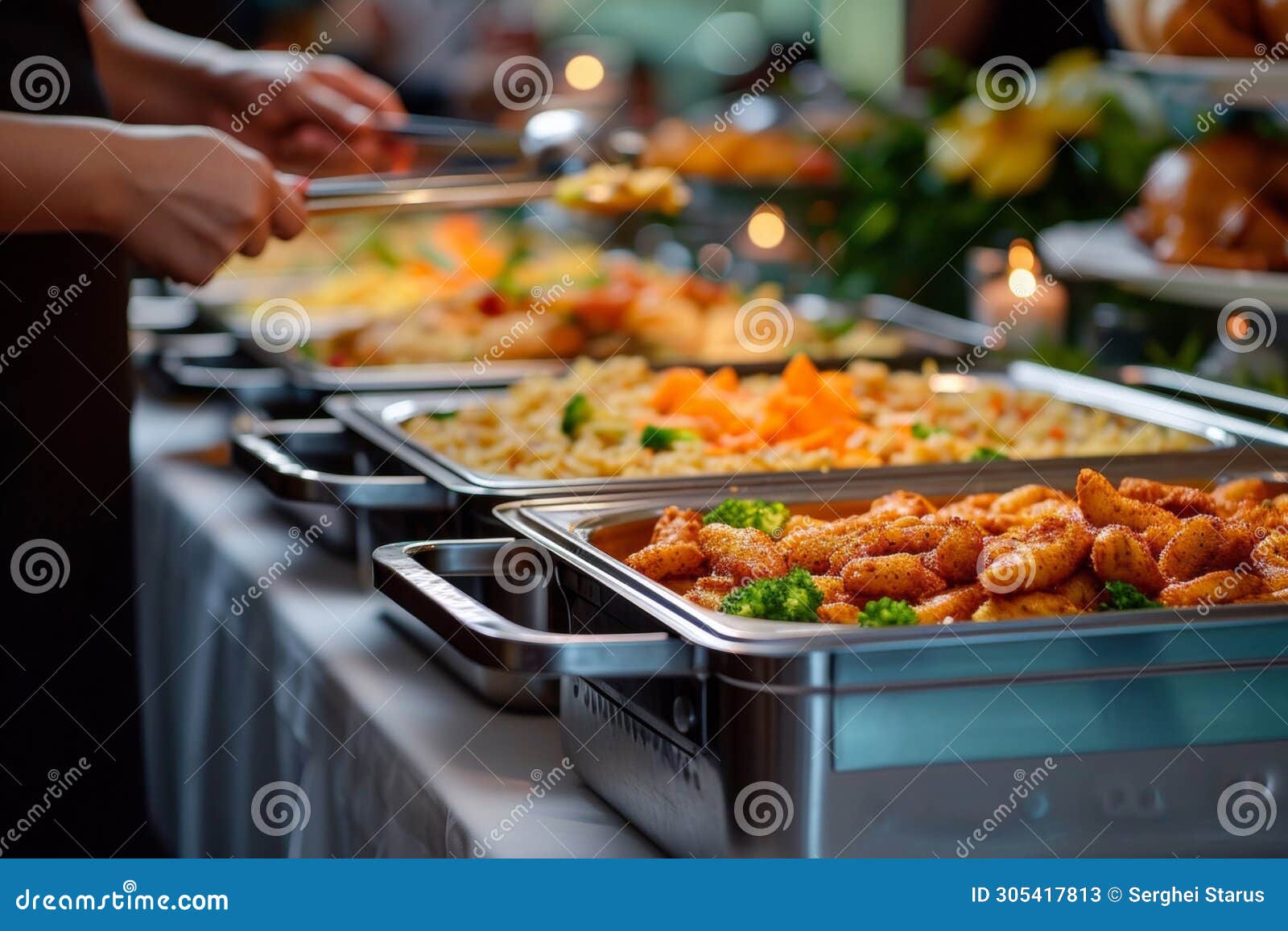 A Buffet Table with Several Trays of Food on it, AI Stock Illustration ...