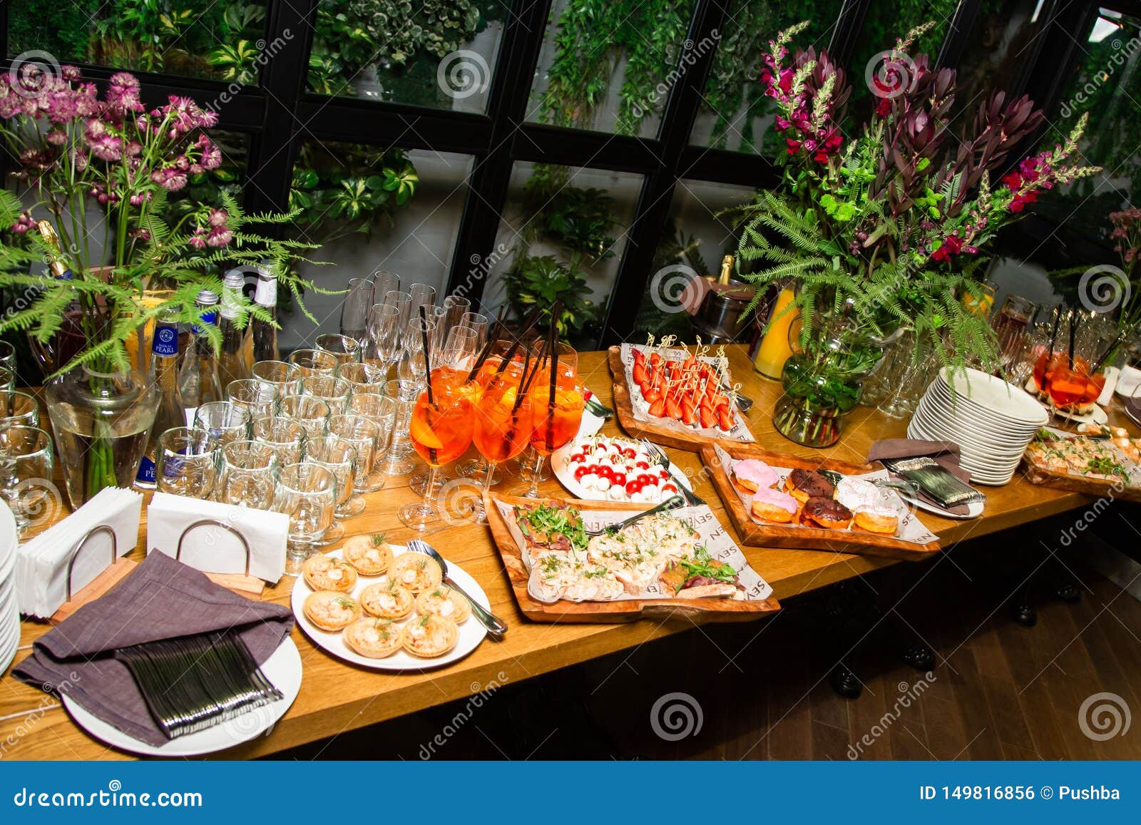 Buffet Table with Snacks and Drinks Stock Photo - Image of banquet ...