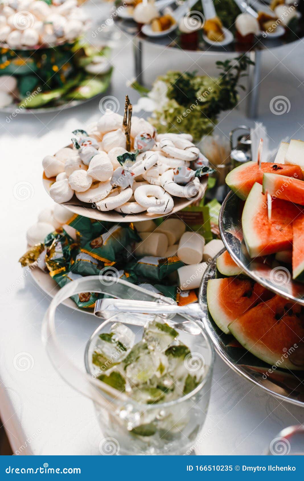 Buffet Table with Wine and Juice, Fruits and Sweets, Snacks and Mint ...