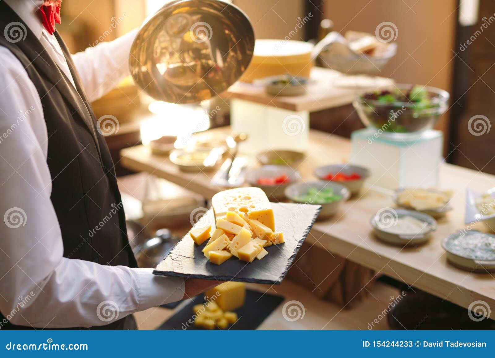 Buffet. the Waiter Sets the Table. Fruits, Salads. Stock Image - Image ...