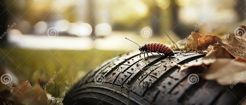 A Bug Atop a Tire, Grassy Backdrop of Leaves and Tree Stock Image ...