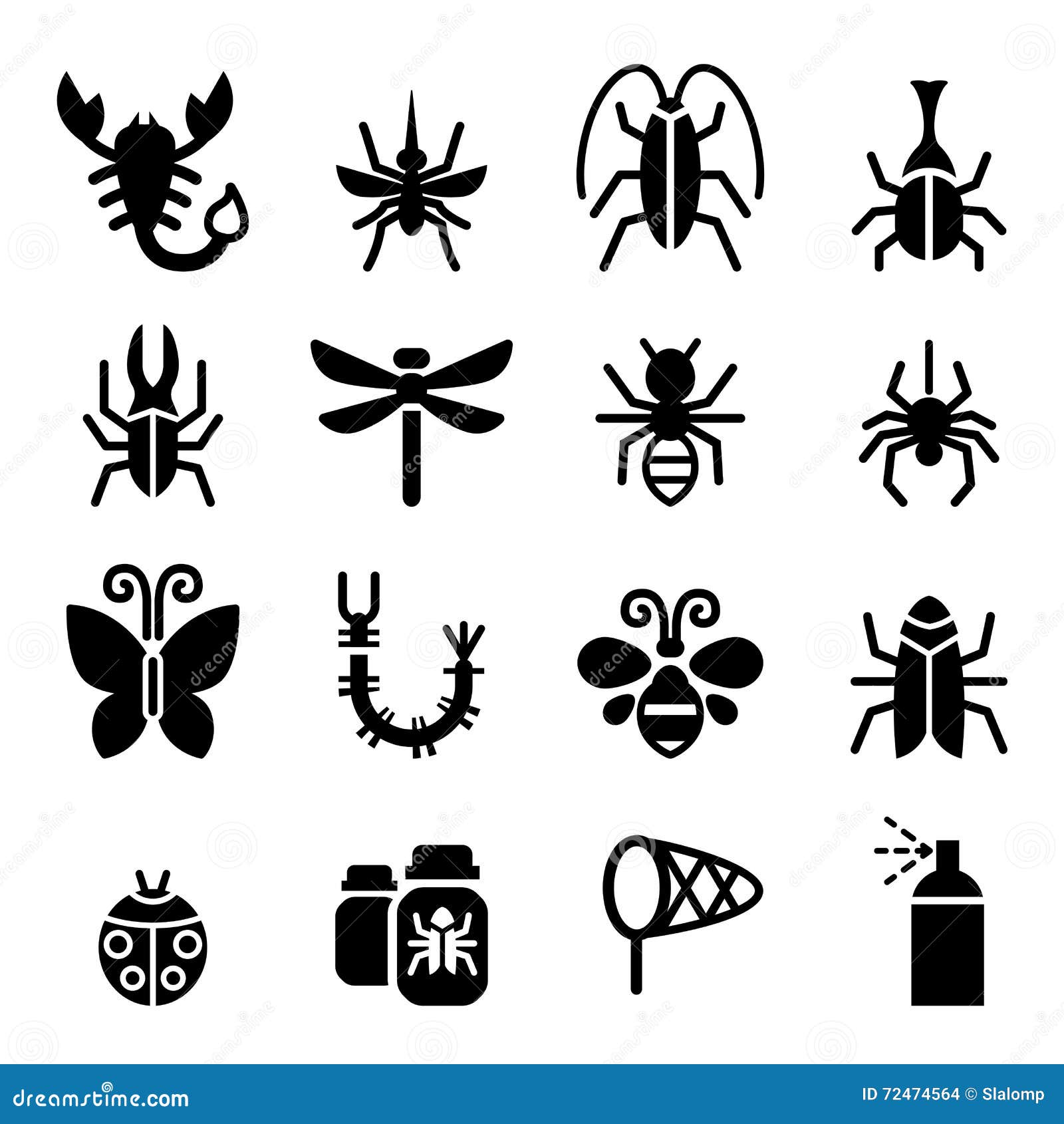 Insect Icon Set. Mantis Lady Bug Mosquito Butterfly Bee Grasshopper ...