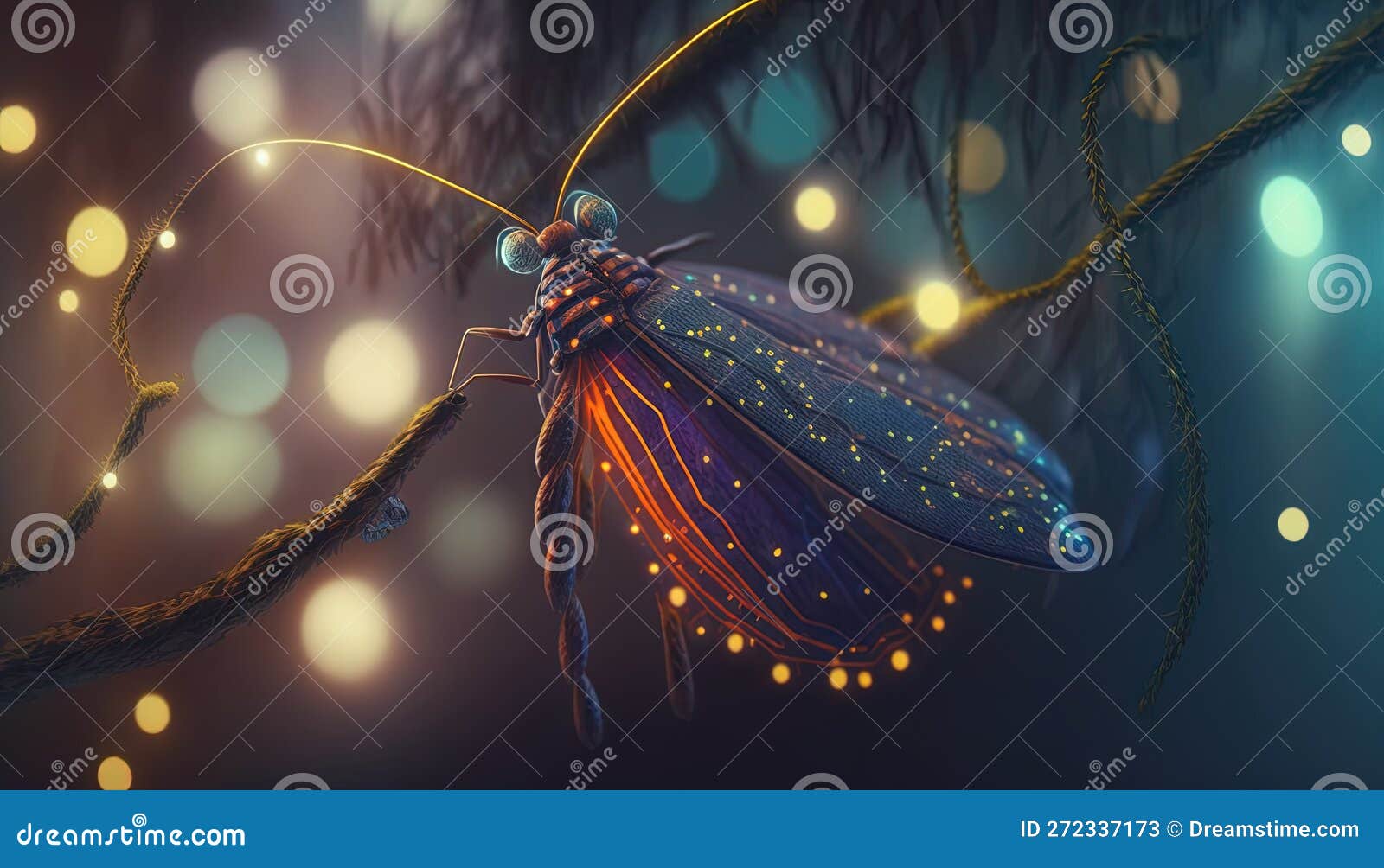 A Bug that is Sitting on a Branch with Lights in the Background Stock ...