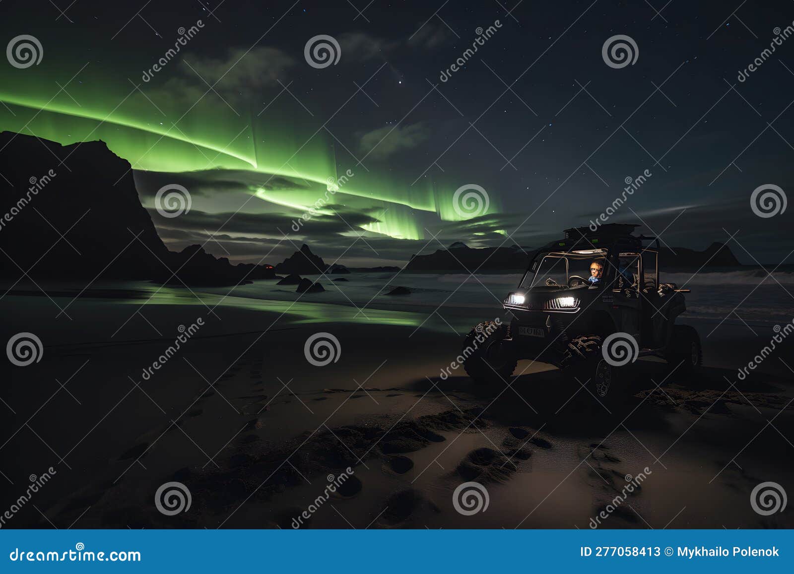 Buggy Car and Northern Lights Beach. Neural Network AI Generated Stock ...