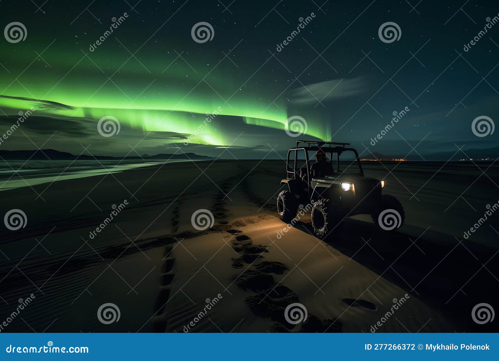 Buggy Car and Northern Lights Beach. Neural Network AI Generated Stock ...