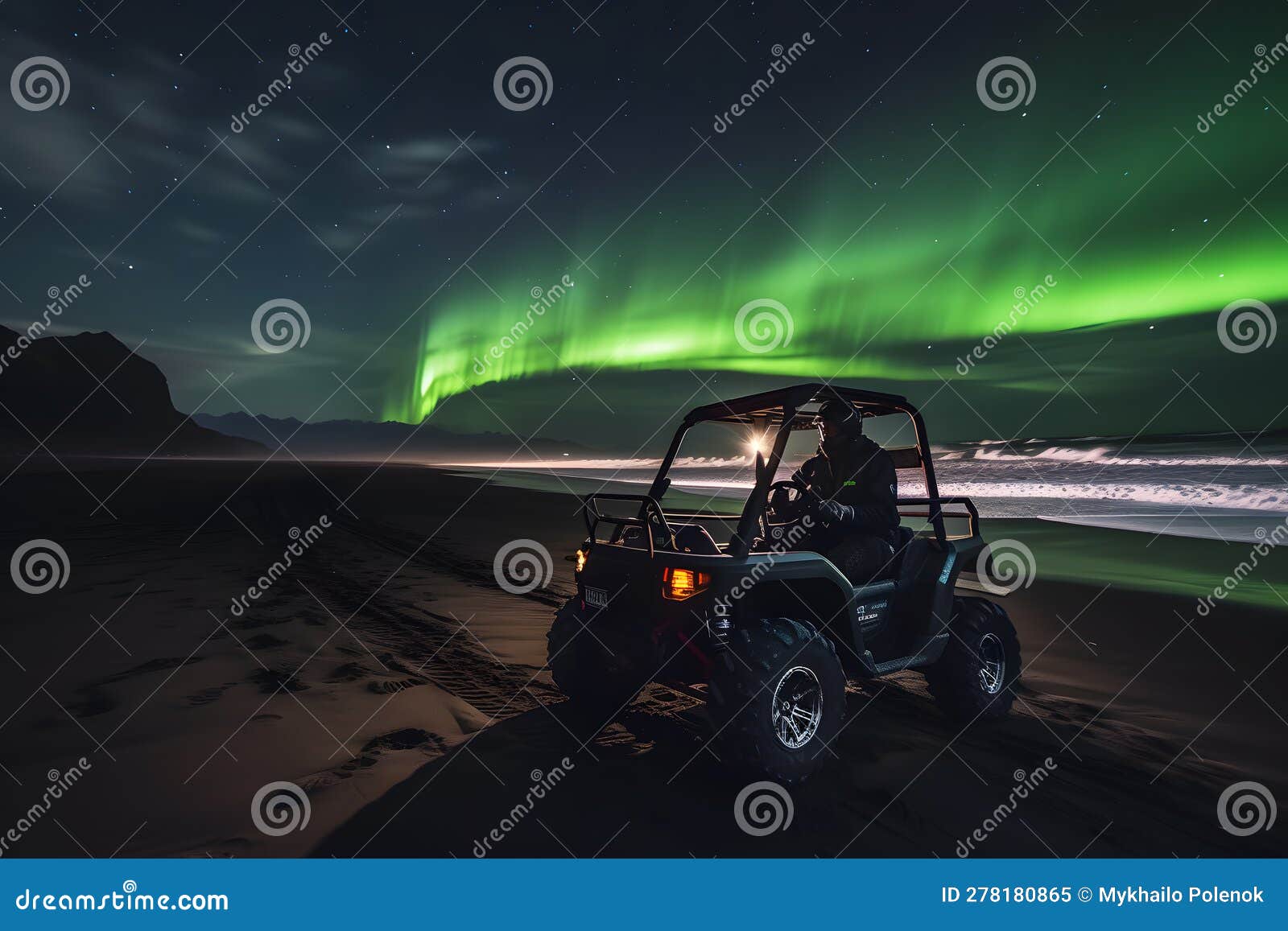 Buggy Car and Northern Lights Beach. Neural Network AI Generated Stock ...