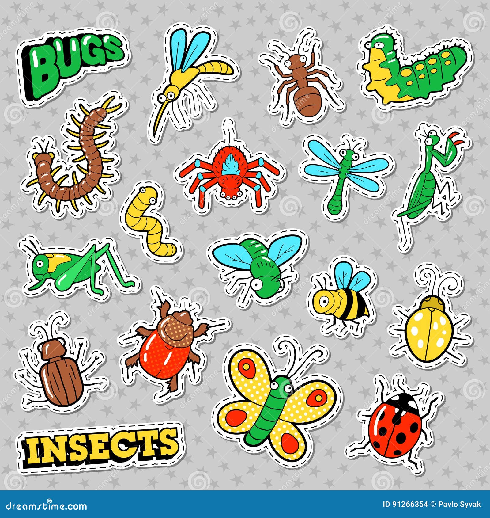 Bugs and Insects Patches, Stickers, Badges Set for Prints and Textile ...