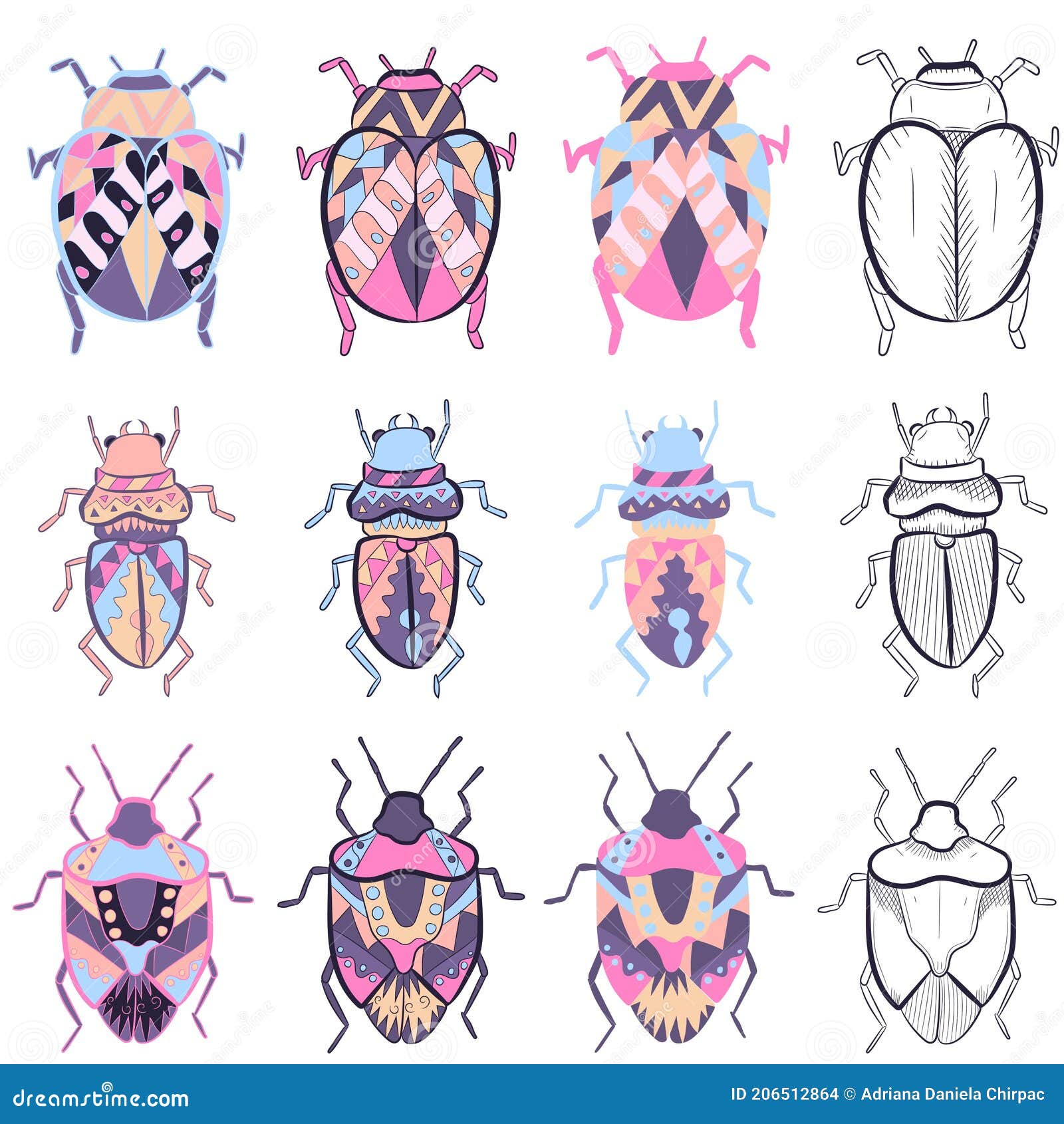 Small Elements Pack with Different Drawings of Colorful Bugs. Vector ...