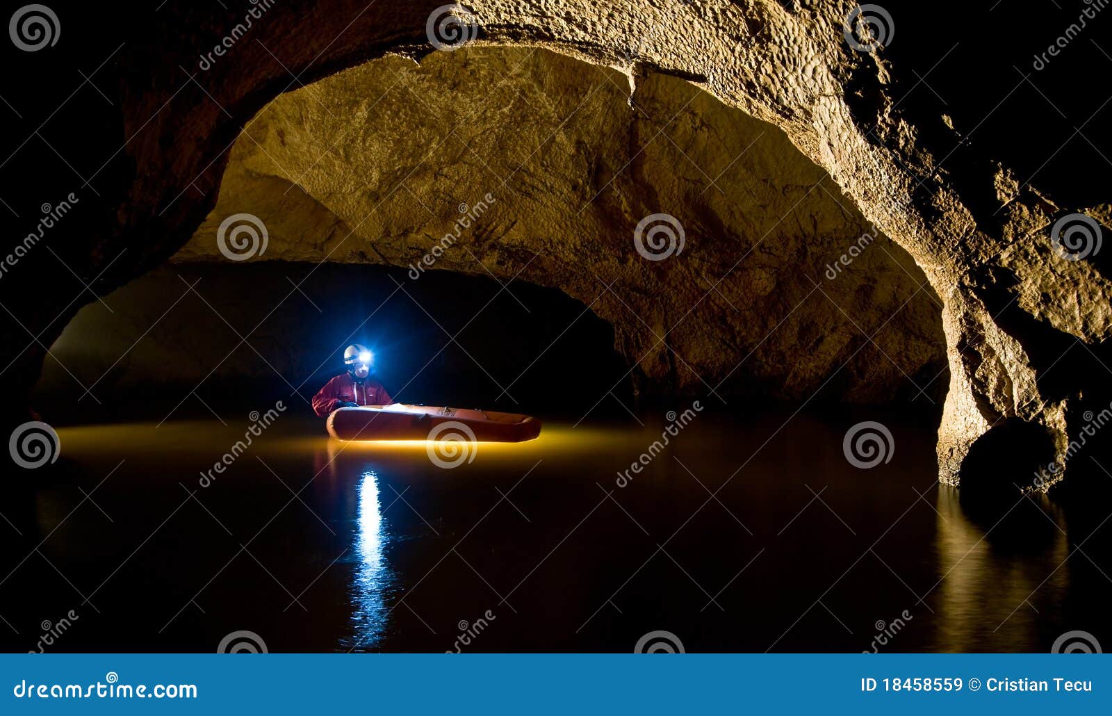Speleologist Descend By The Rope In The Deep Vertical Cave Tunnel. Cave ...