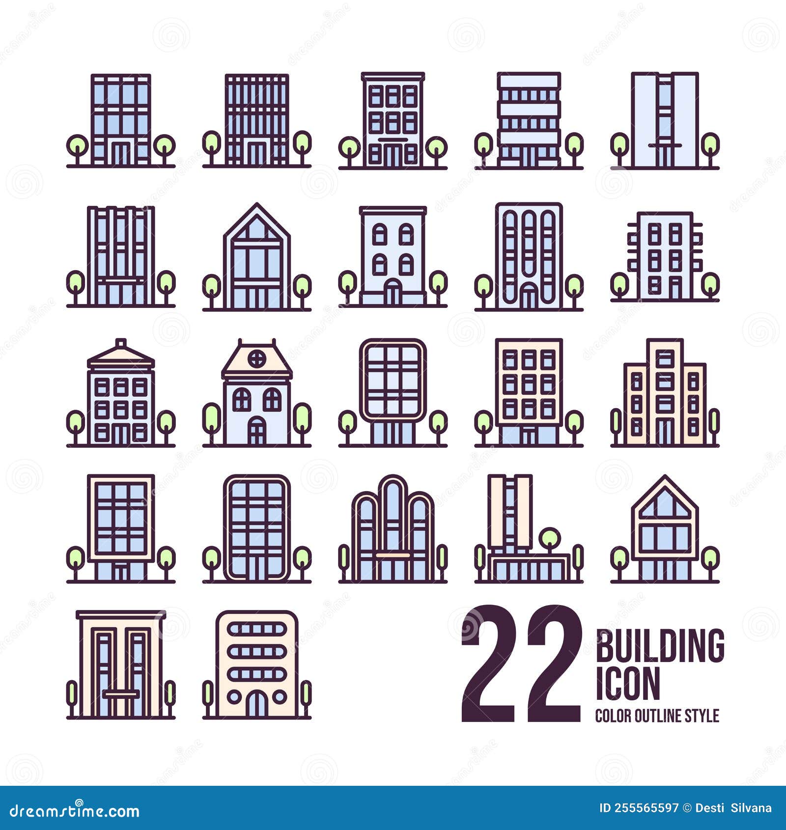 Buidling Icon Set in Color Outline Style Stock Vector - Illustration of ...