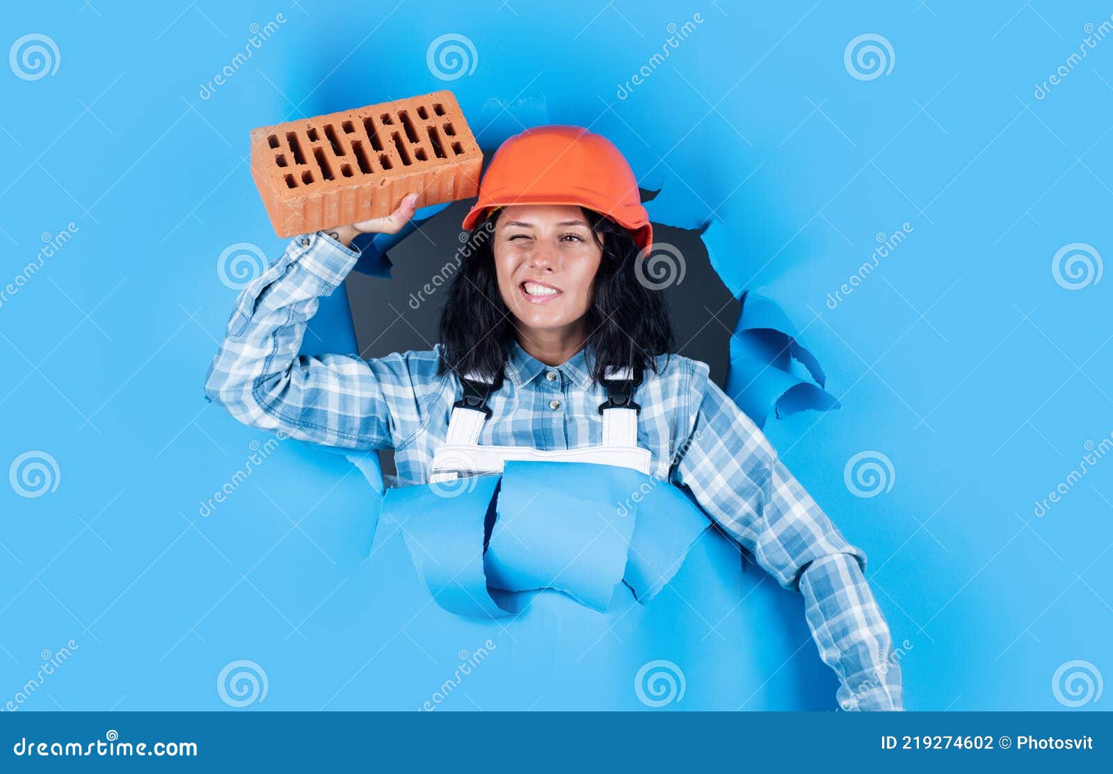 Builder Assistant Wear Protective Helmet. Girl in Workshop Uniform ...