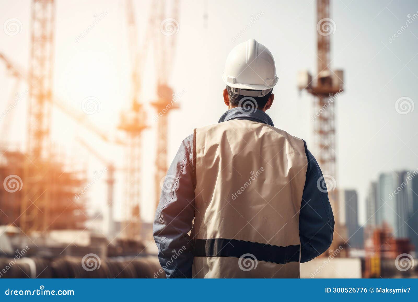Builder on the Background of a House with Cranes Stock Illustration ...