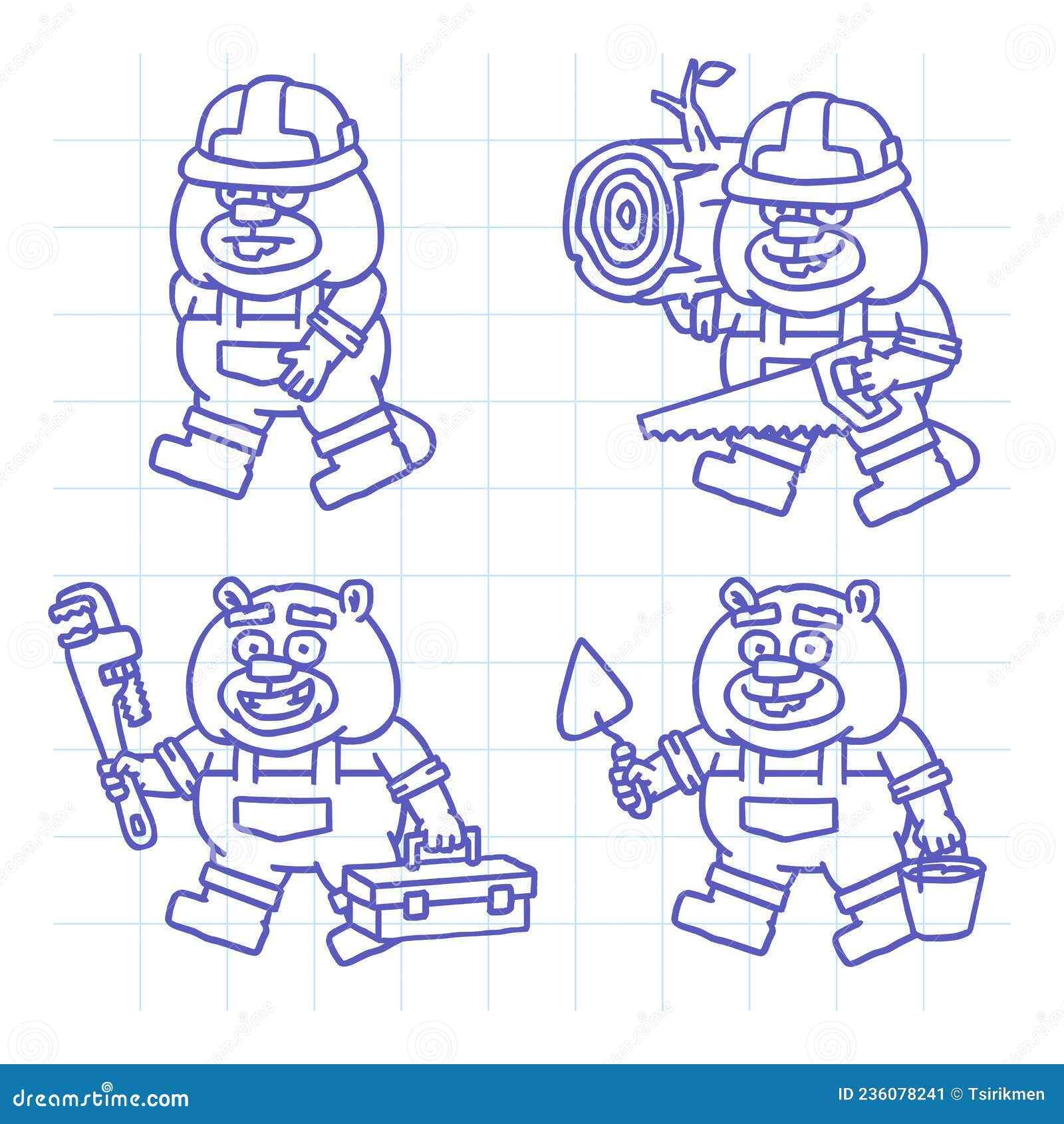 Builder Beaver Character Doodle Set Part One. Hand Drawn Character ...