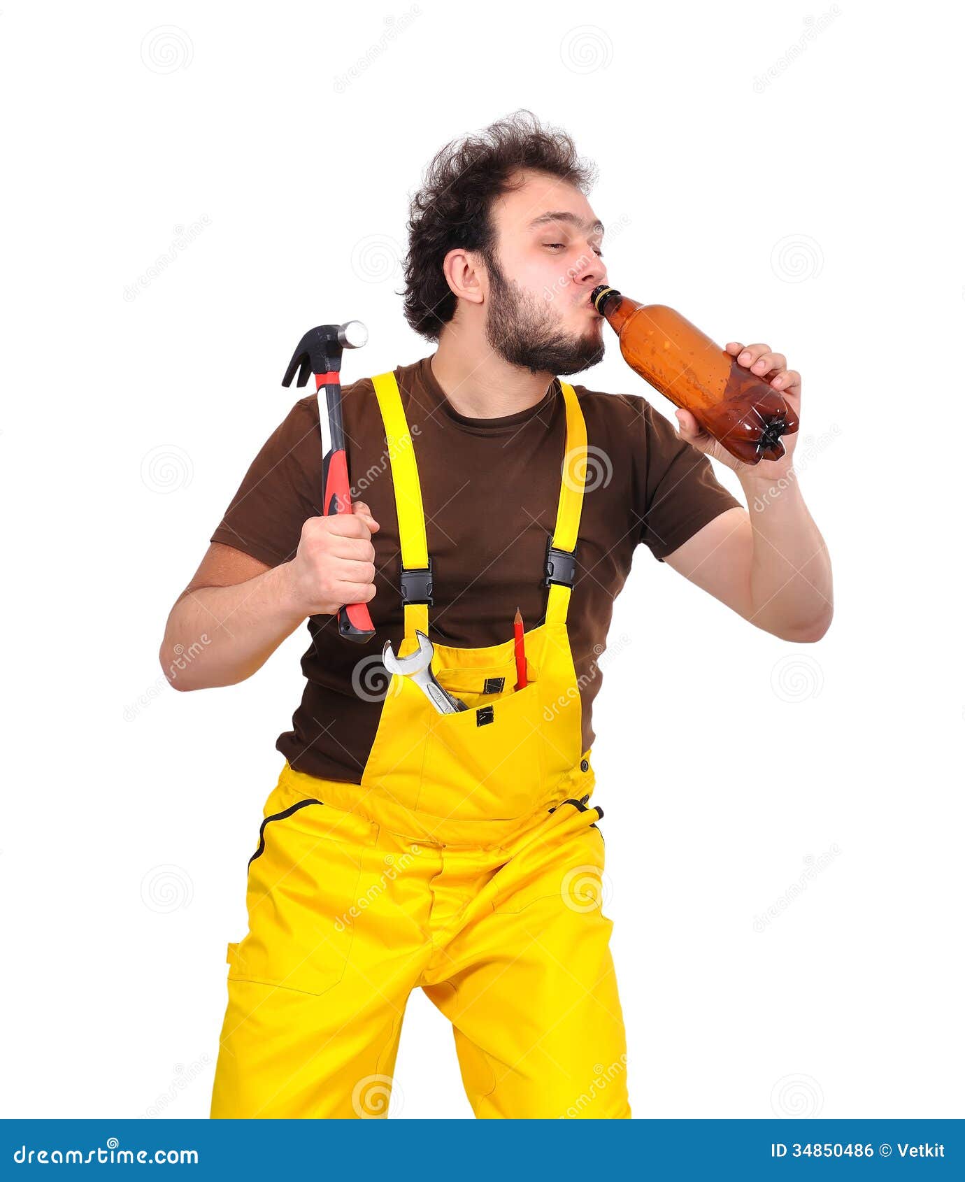 Builder with Beer and Hammer Stock Photo - Image of lager, hammer: 34850486