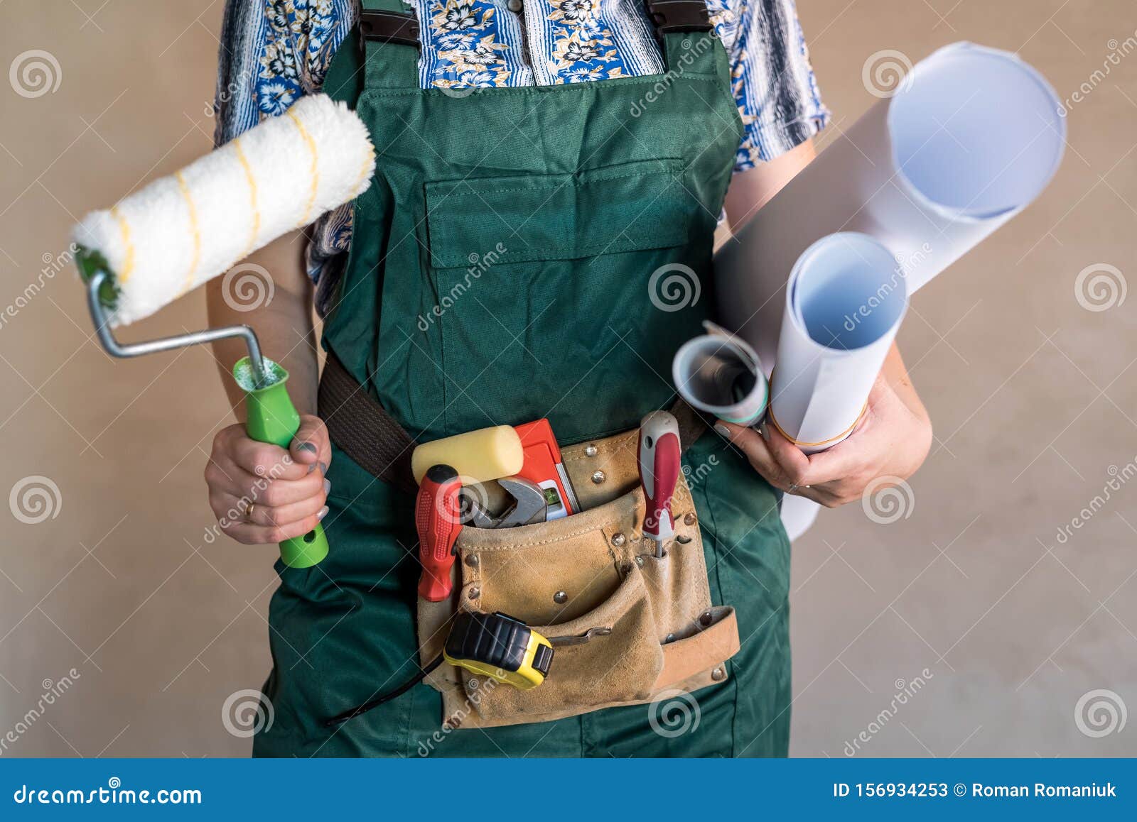 Builder Belt with Tools and Hands with Blueprints Stock Image - Image ...