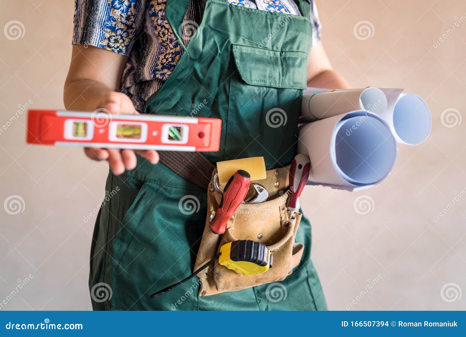 Builder Belt with Tools and Hands with Blueprints Stock Photo - Image ...