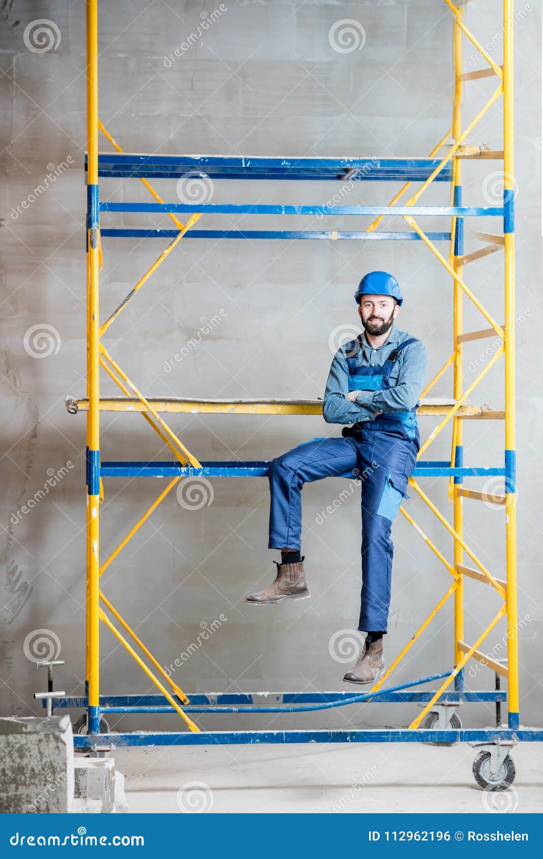 Builder on the Scaffolding Indoors Stock Photo - Image of male, house ...