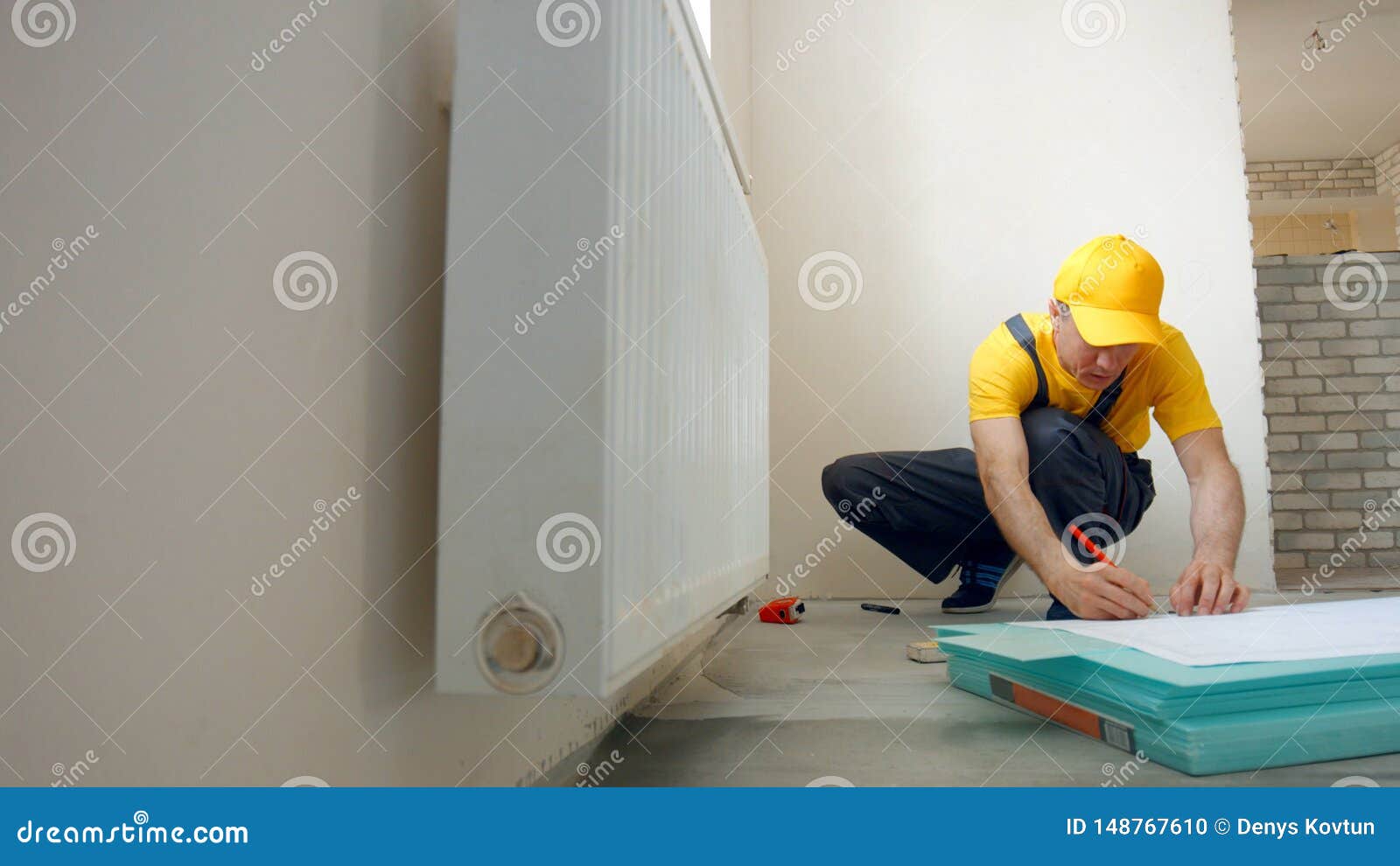 Builder with Blueprint in New House. Stock Photo - Image of ...