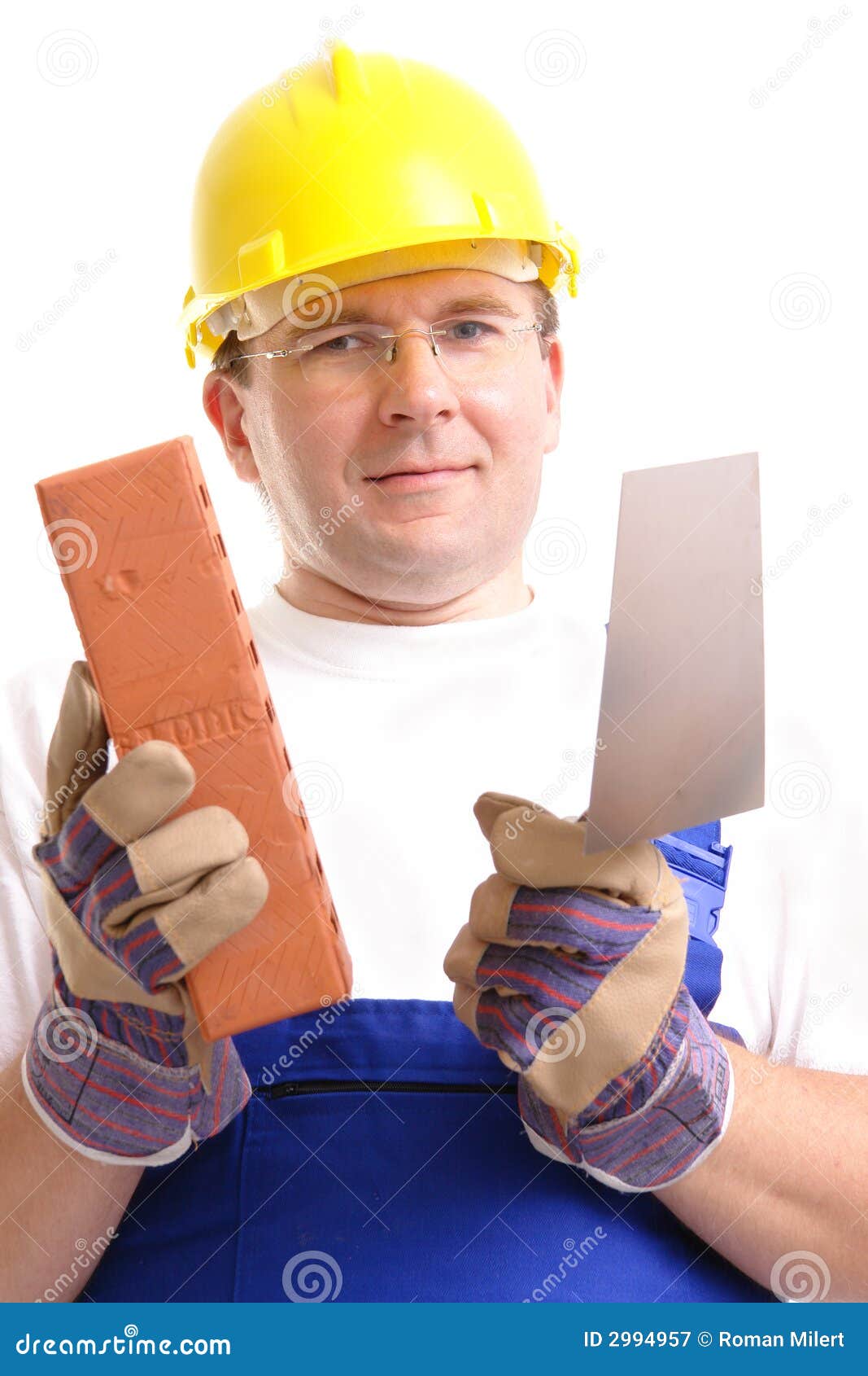 Builder with Brick and Trowel Stock Image - Image of helmet, closeup ...