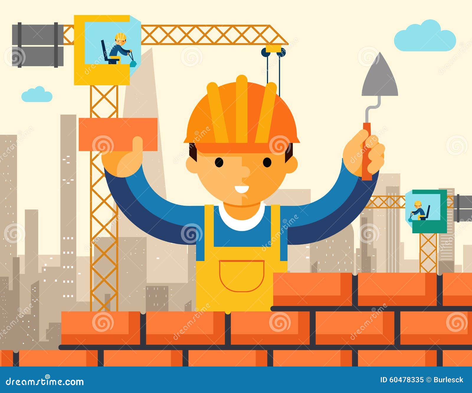 Builder Builds Brick Wall of House Stock Vector - Illustration of ...