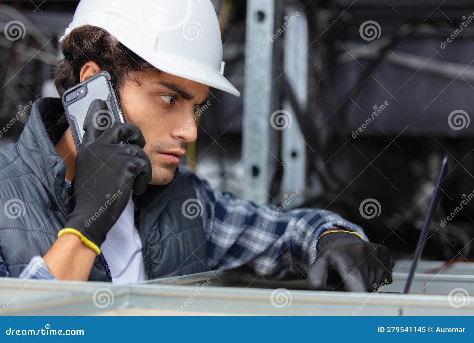 Builder on Cell Phone in Ceiling Stock Image - Image of metallic ...