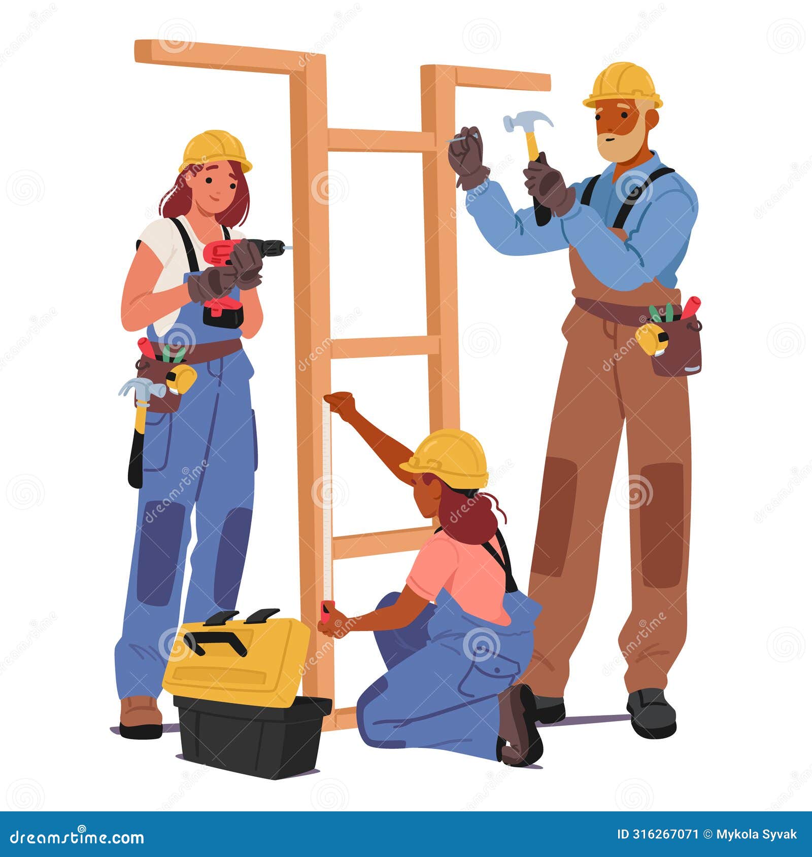Builder Characters at Work Concept. Diligent Crews Wield Tools, Erect ...
