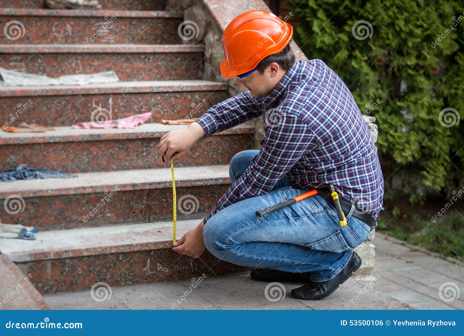 Builder Checking House Plan For Steel Fixing Stock Photography ...