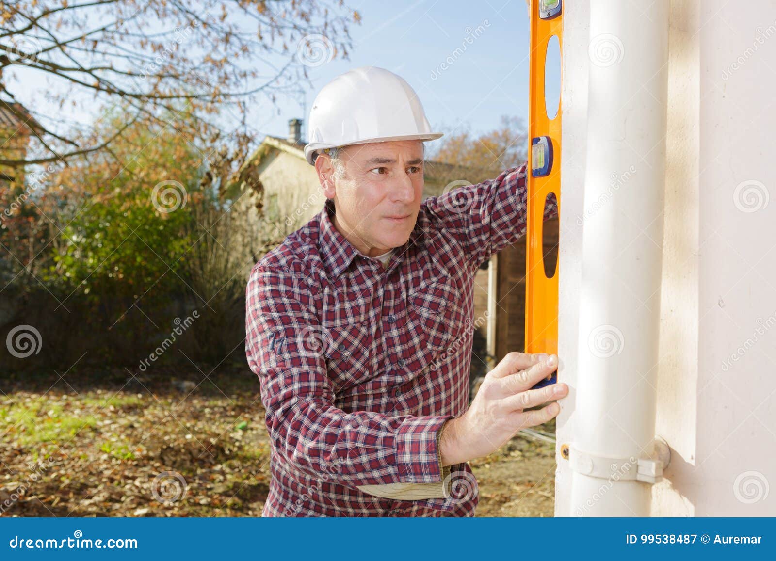 Builder Checking Straightness Drainpipe Stock Image - Image of safety ...