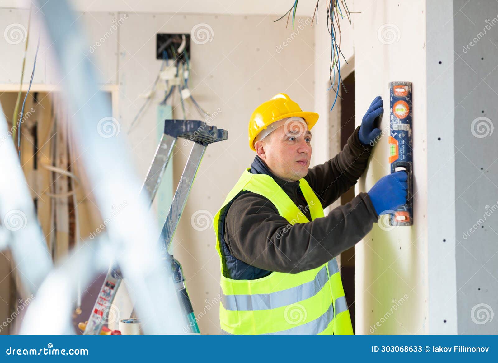Builder Checks the Vertical of the Wall Using Level Stock Image - Image ...