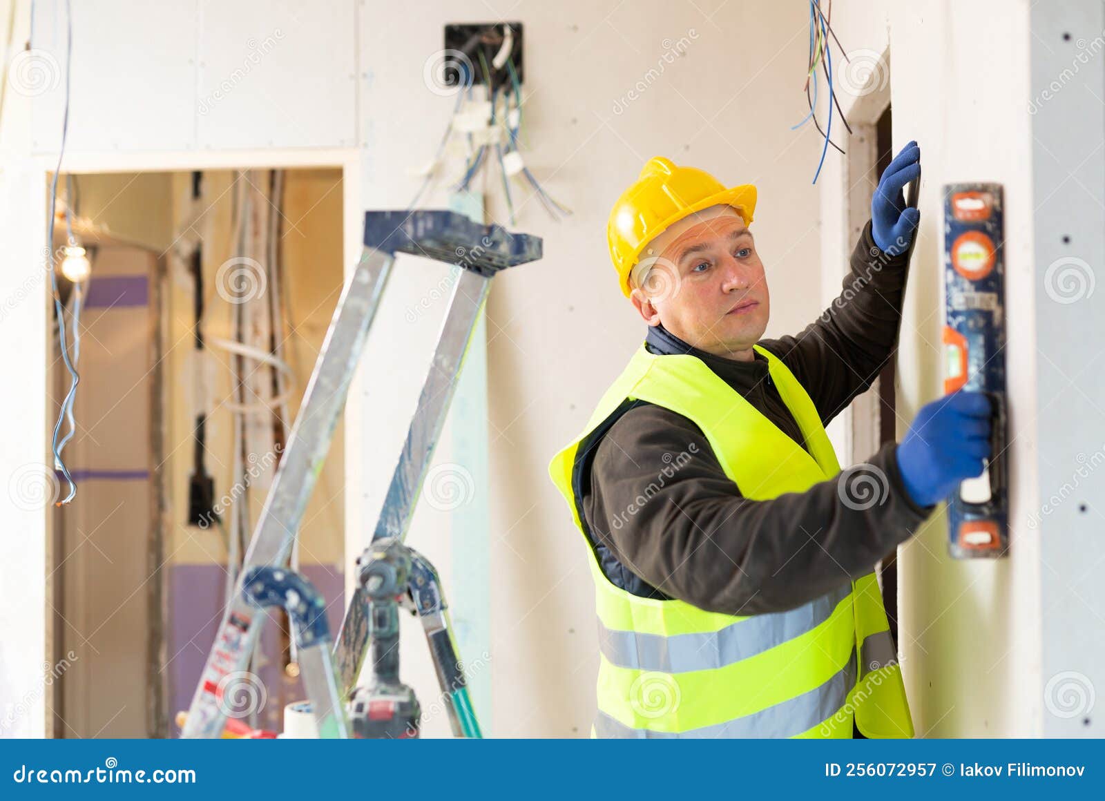 Builder Checks the Vertical of the Wall Using Level Stock Image - Image ...