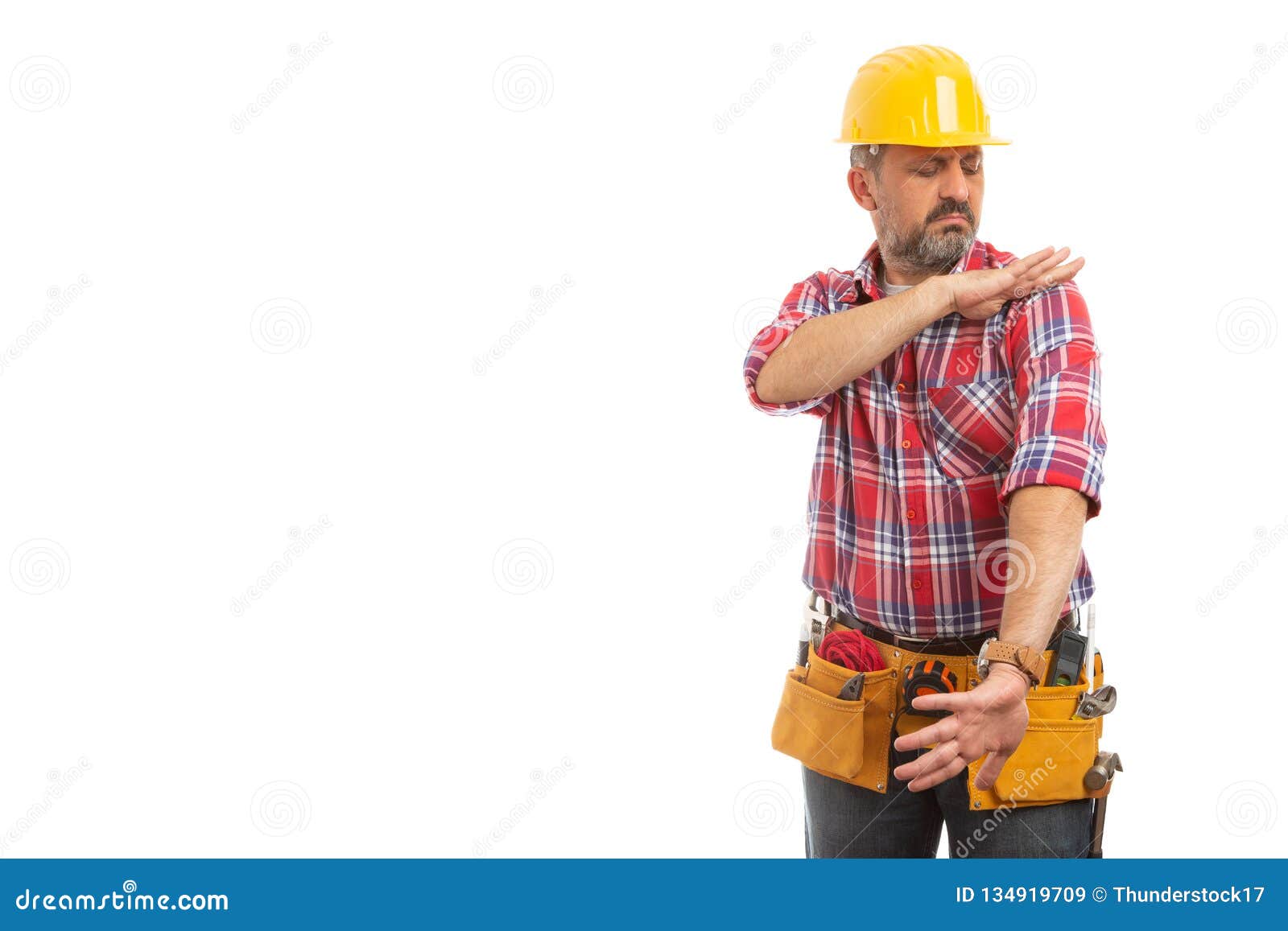 Builder Cleaning Shoulder As Getting Ready Stock Image - Image of ...