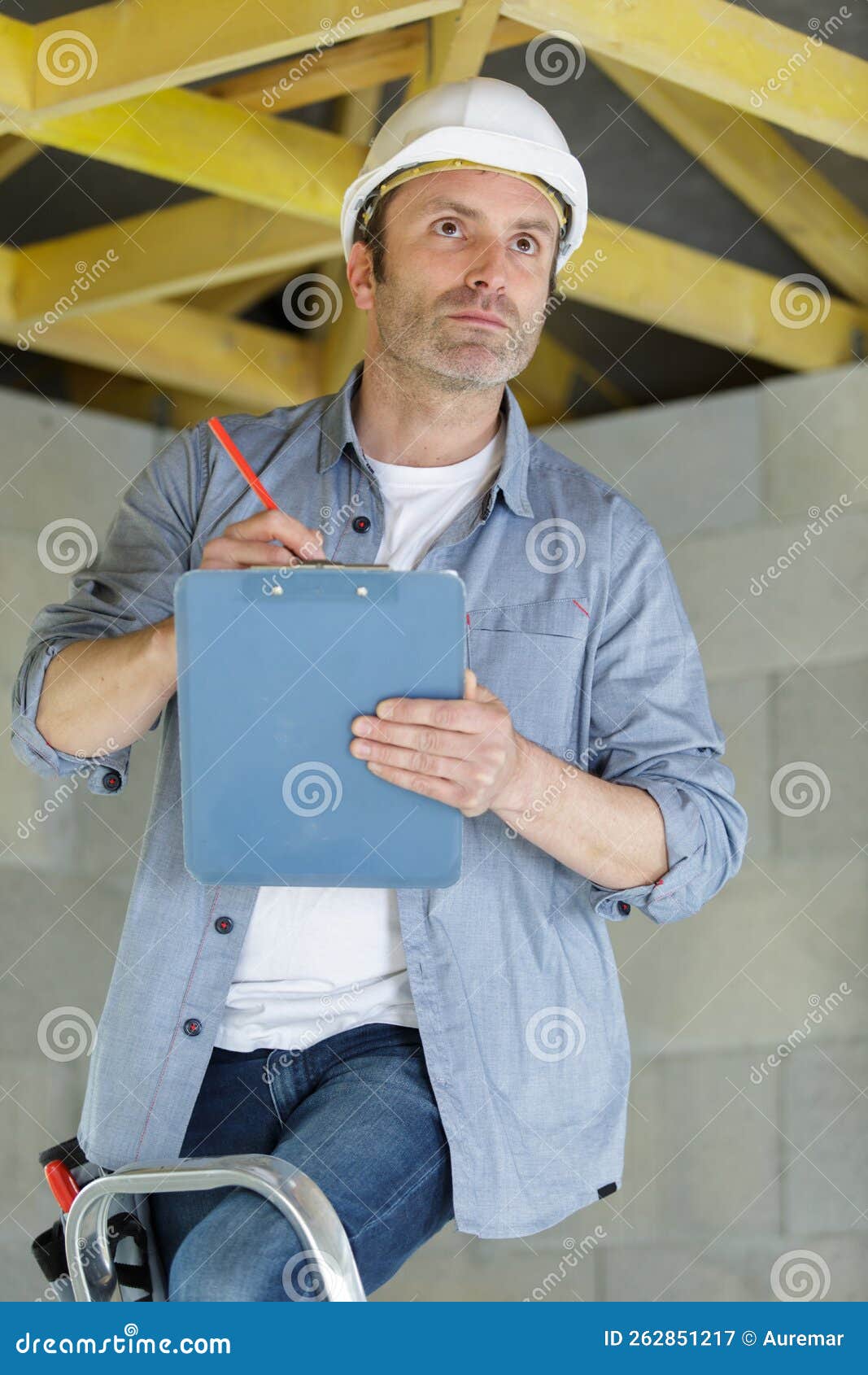 Builder with Clipboard Inspecting Roof Timbers Stock Image - Image of ...