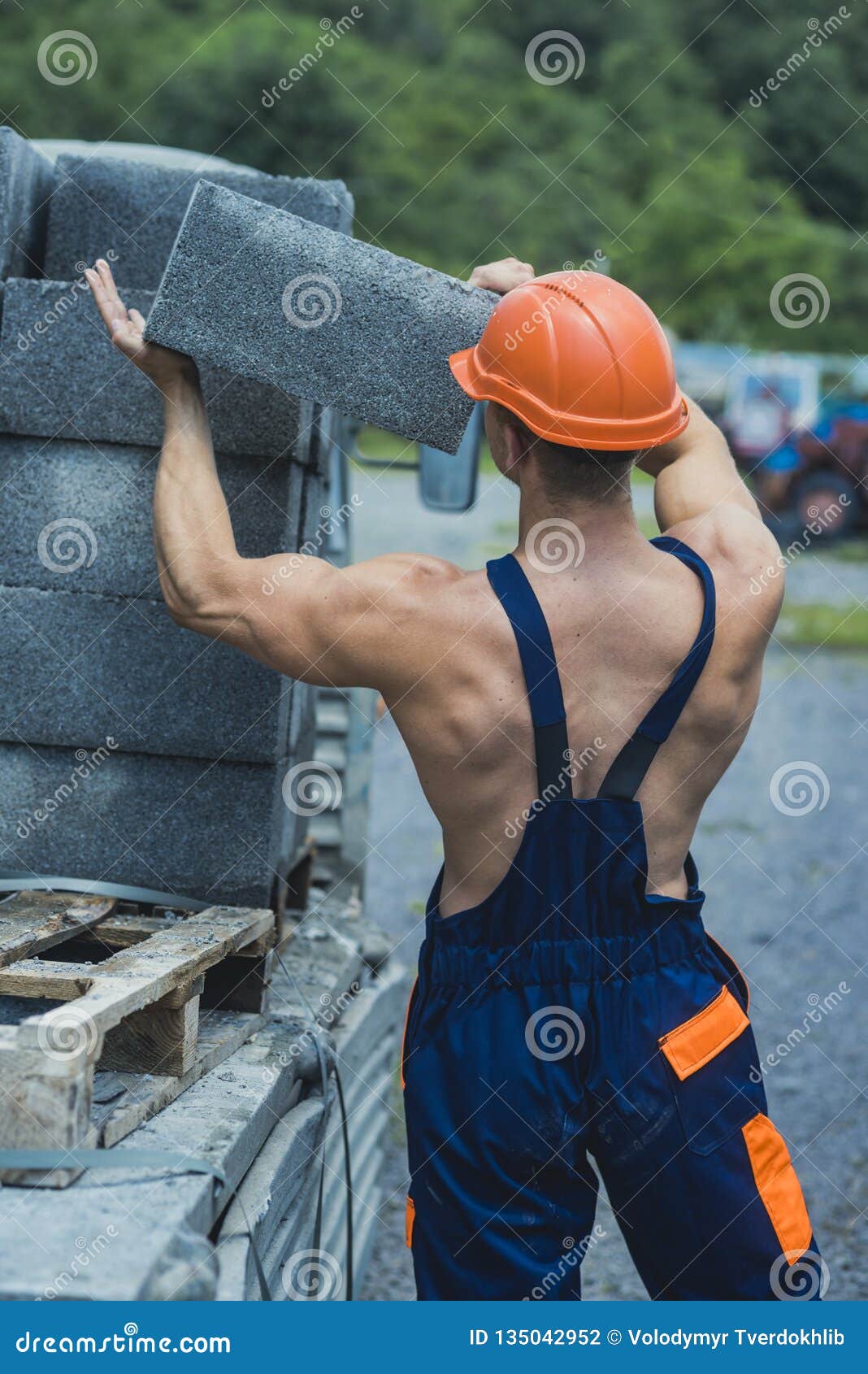 Builder Concept. Man or Bodybuilder with Big Muscles Stock Photo ...