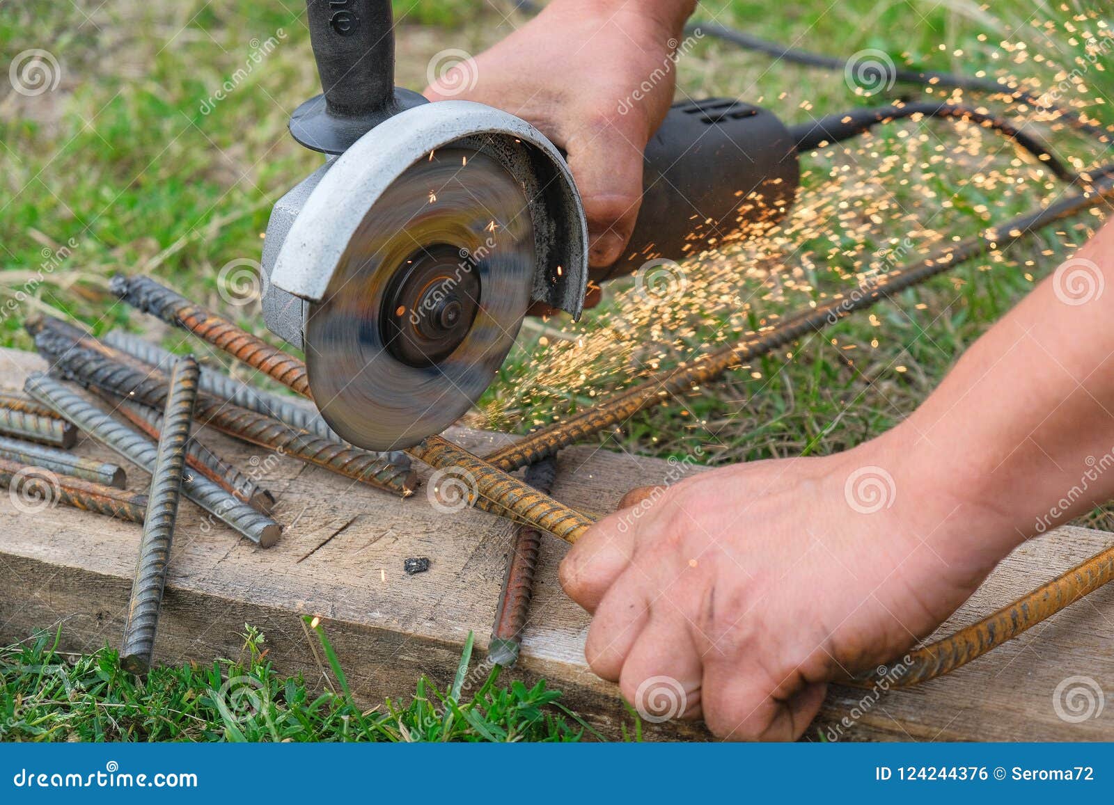 Builder on the Construction Site Cutting Metal Grinder Stock Photo ...