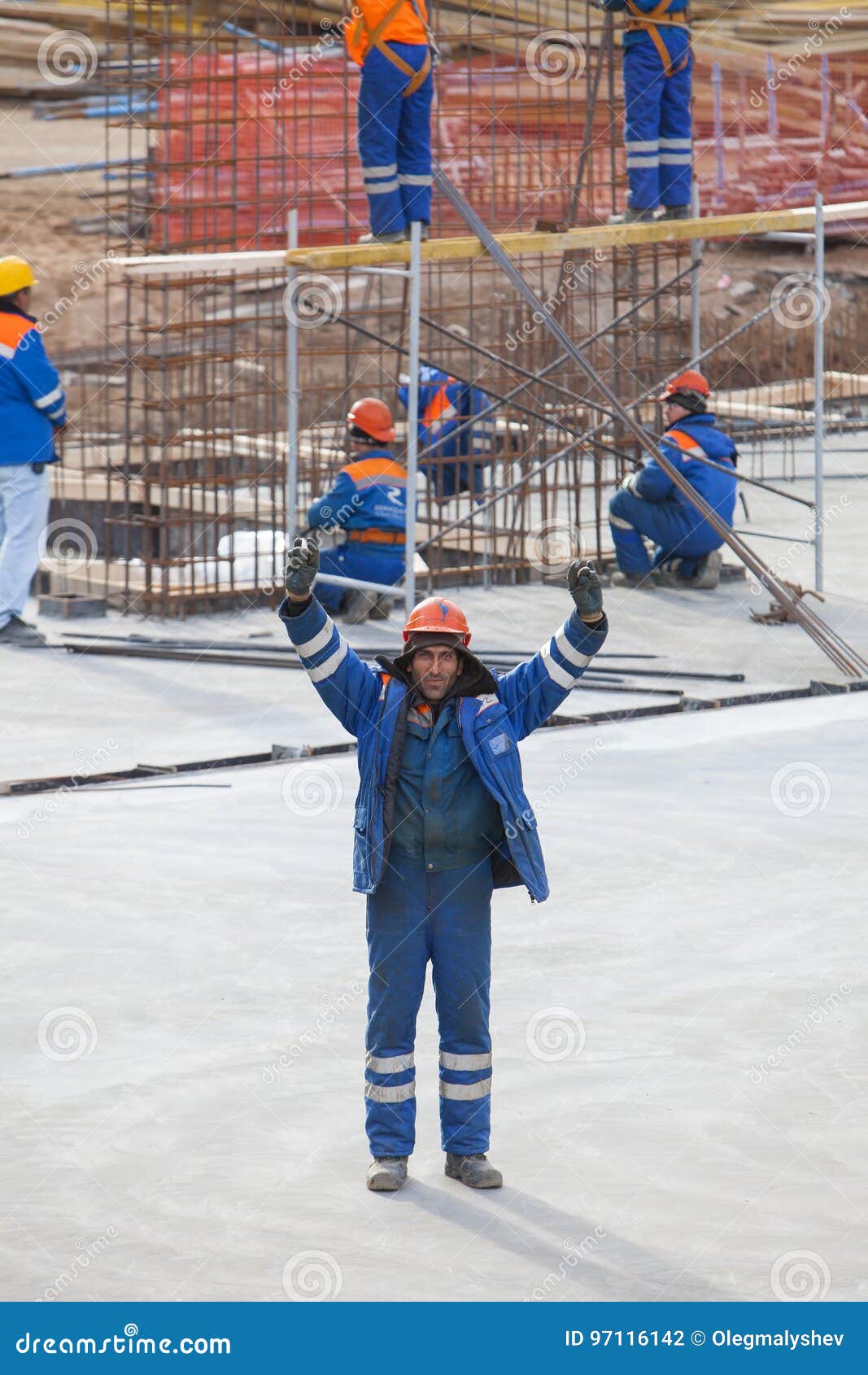Builder on Construction Site Wearing Helmet Uniform Works Editorial ...