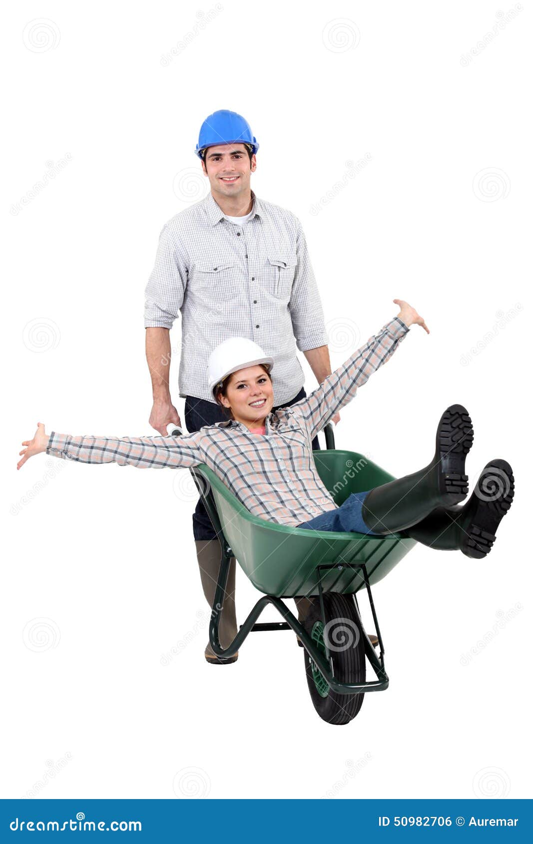 Builder Couple Using Wheelbarrow Stock Photo - Image of people, fanella ...