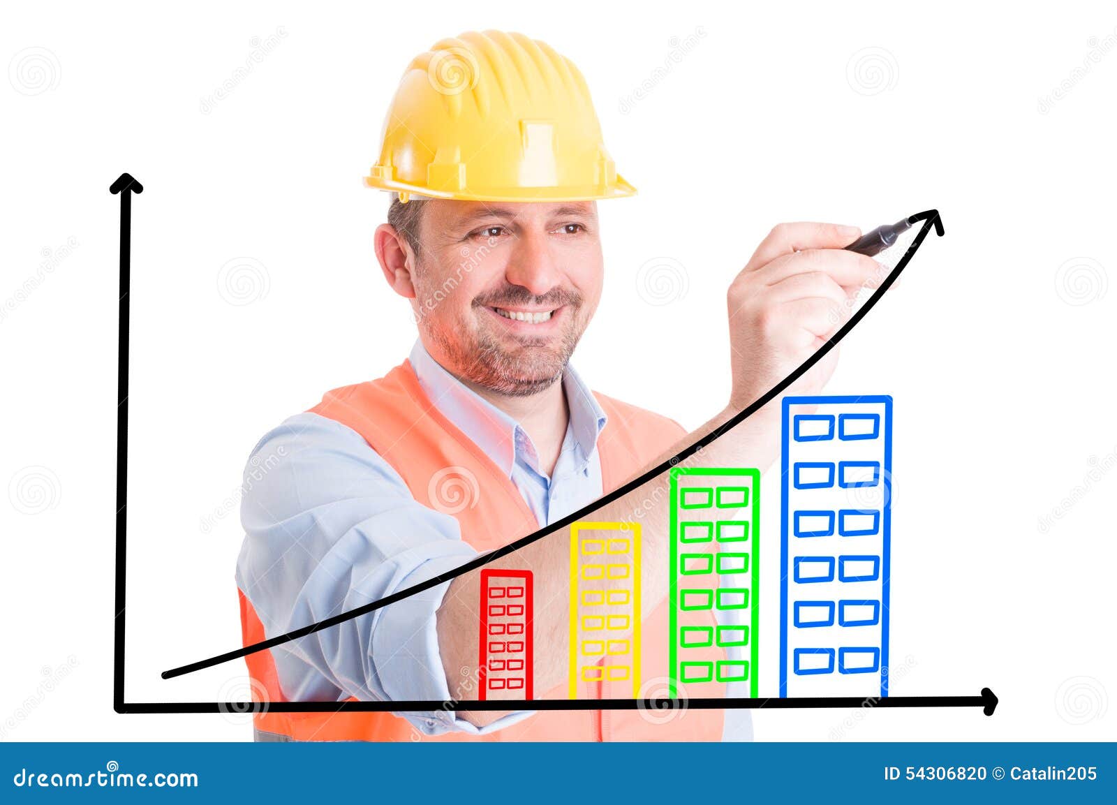 Builder Drawing Growing Chart with Buildings Stock Photo - Image of ...
