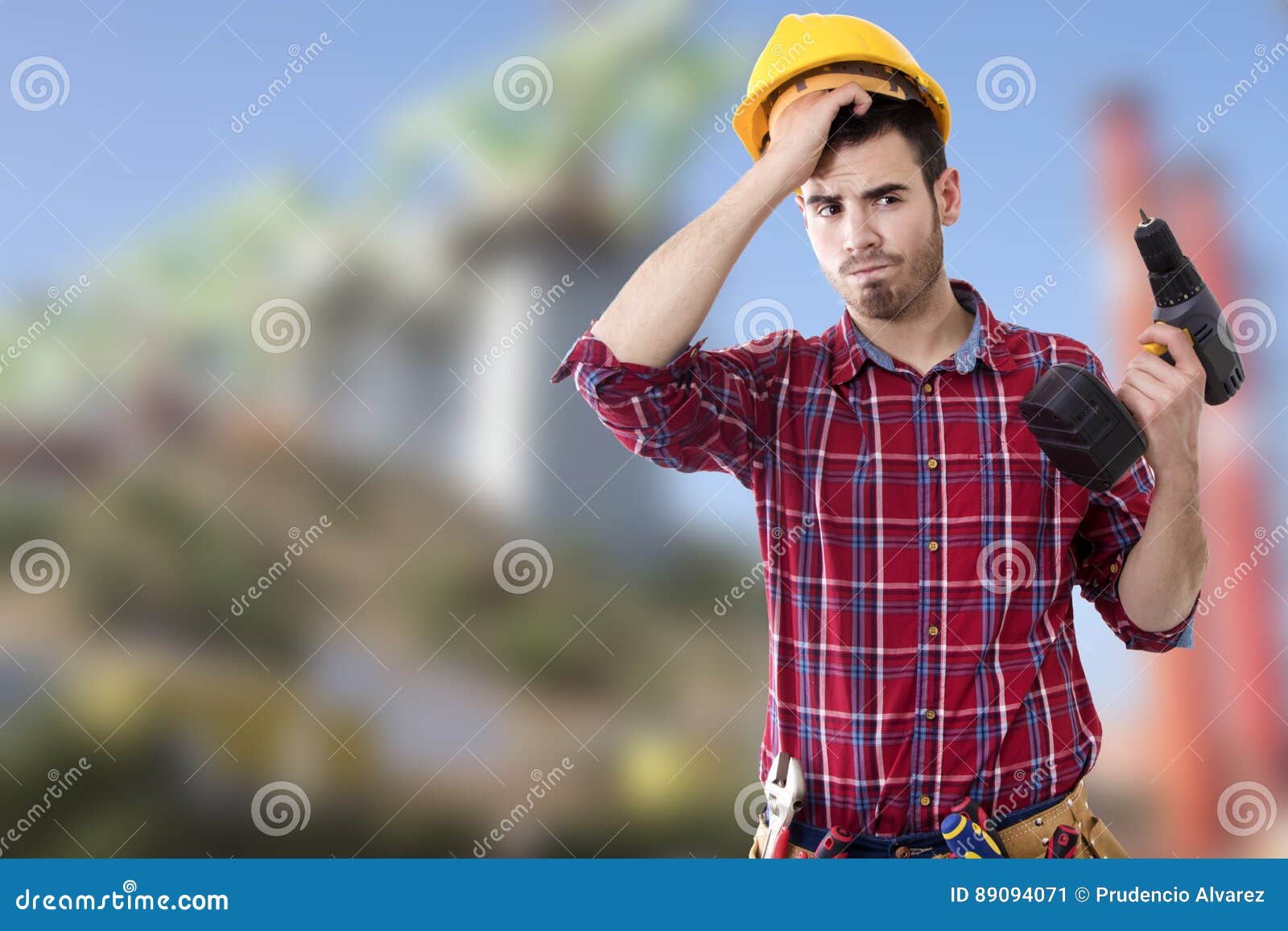 Builder drill thinking stock image. Image of construction - 89094071