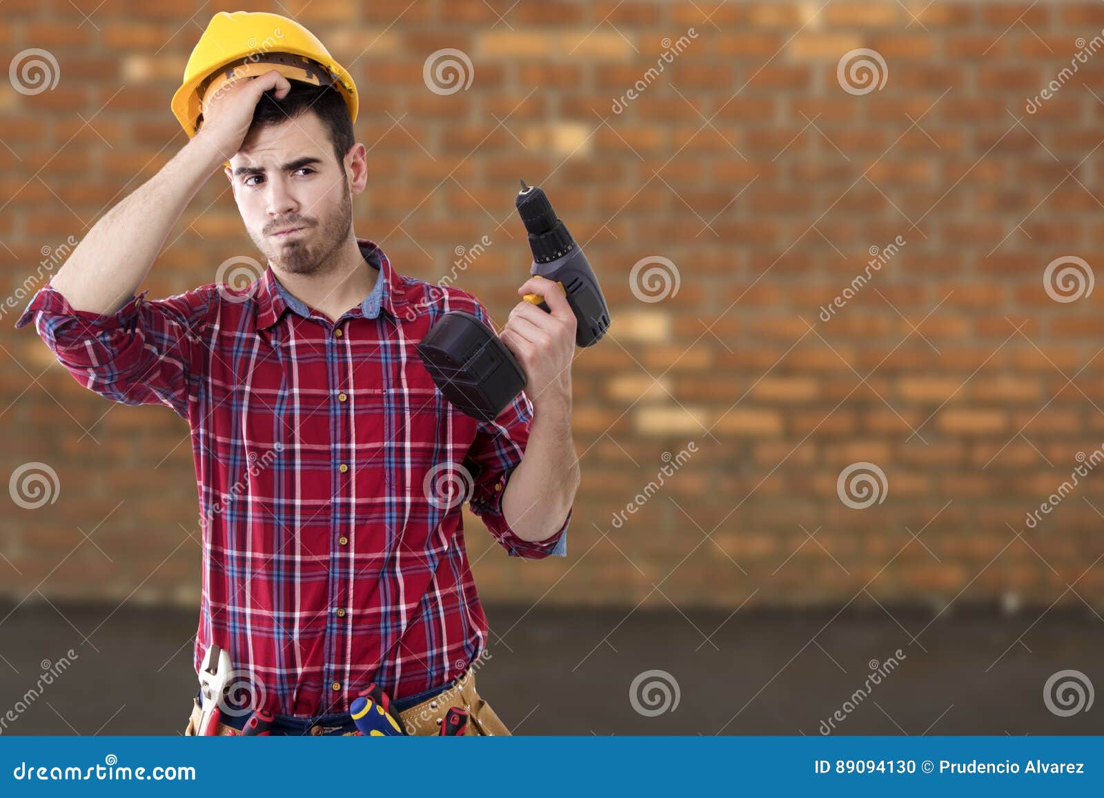 Builder drill thinking stock photo. Image of construction - 89094130