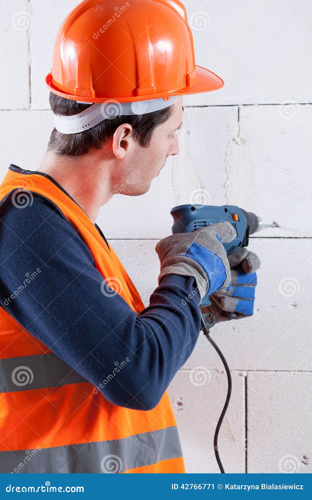 Builder Drilling Brick Wall Stock Image - Image of manual, construction ...