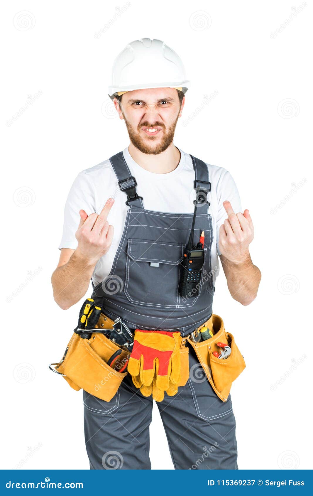 A Builder or an Employee in a Protective Helmet Shows a Hand Gesture ...
