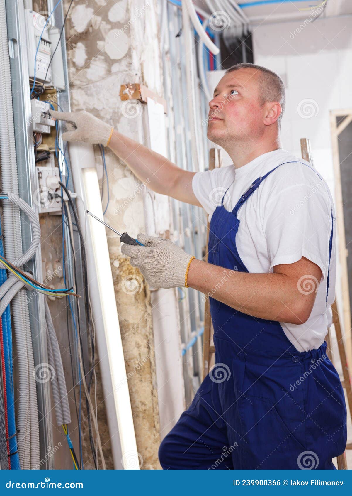 Builder Engaged in Electrical Installation Work Stock Photo - Image of ...