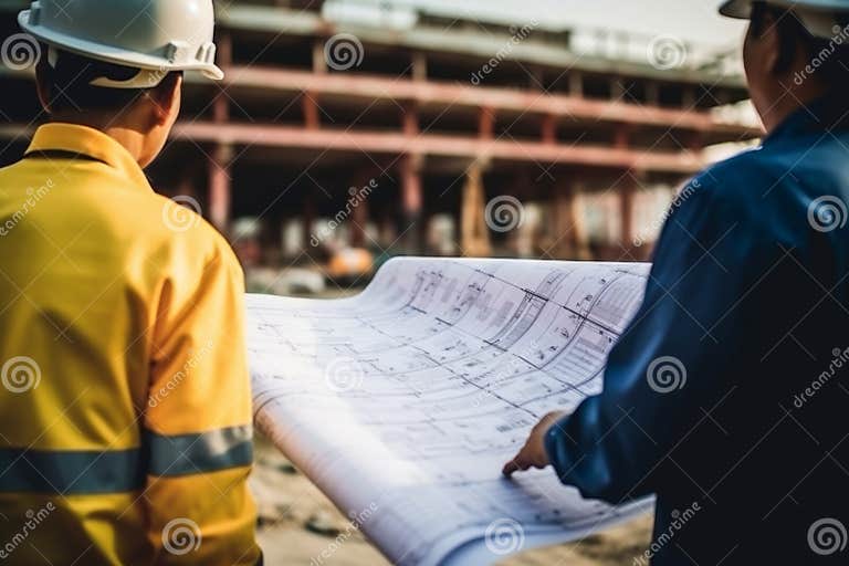Builder Engineer Architect Discussion Building Plan Technical Expertise Modern Construction Site ...