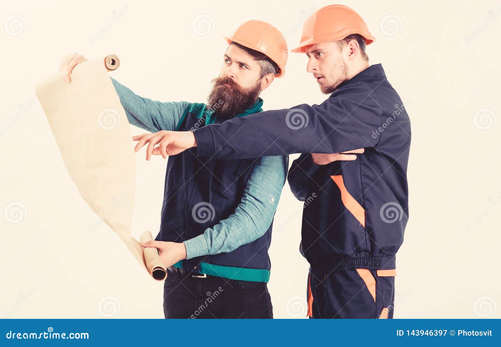 Builder, Engineer, Architect Work on Project. Men in Helmets Stock ...