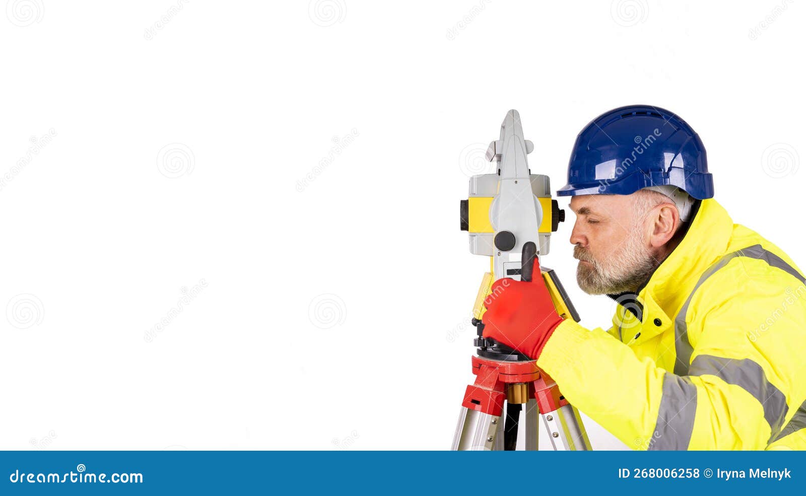Builder Engineer in a Blue Hat and Yellow Reflective Coat on White ...