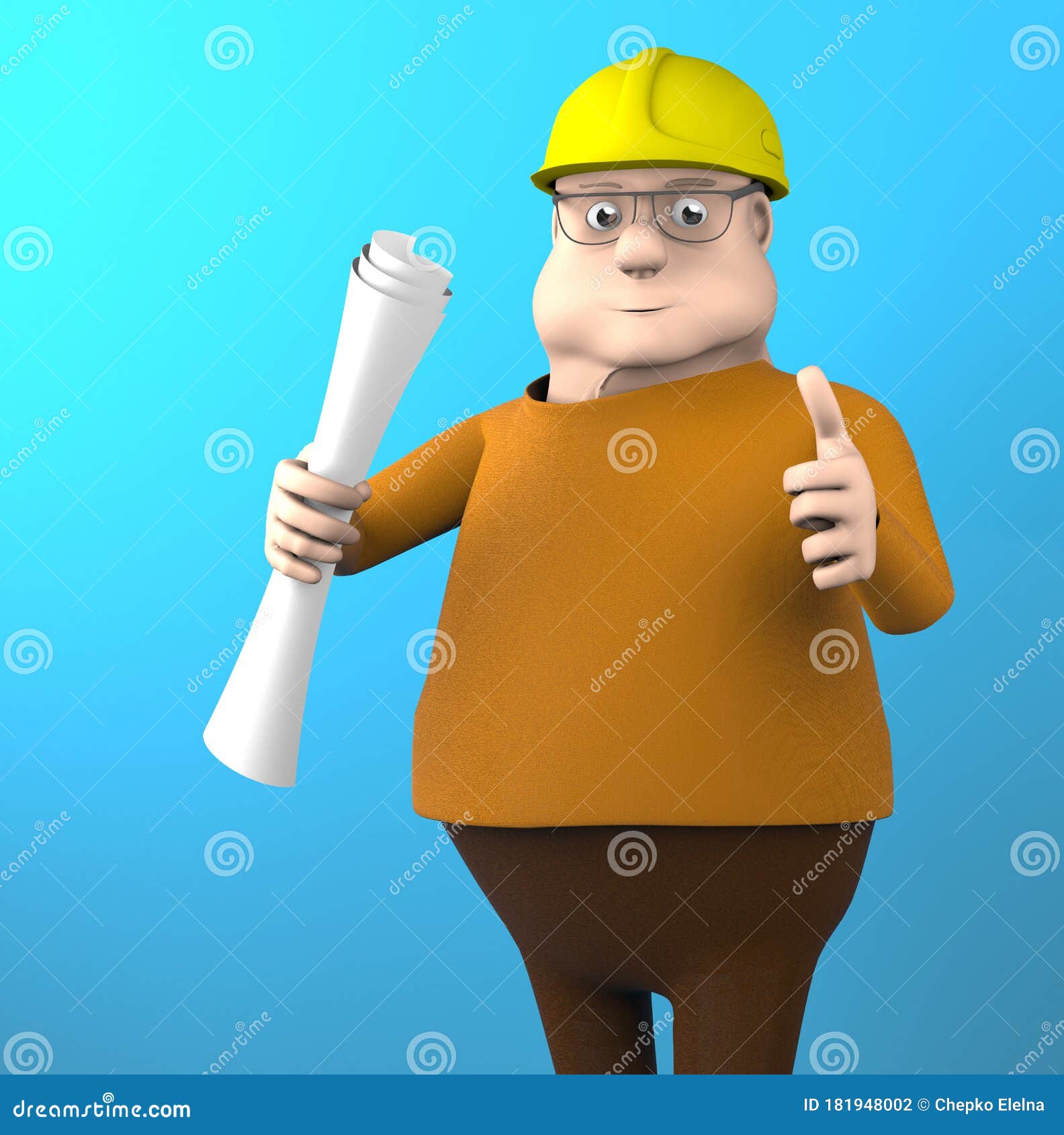 Builder Engineer with a Drawing on a Blue Bacground,3d Render Stock ...